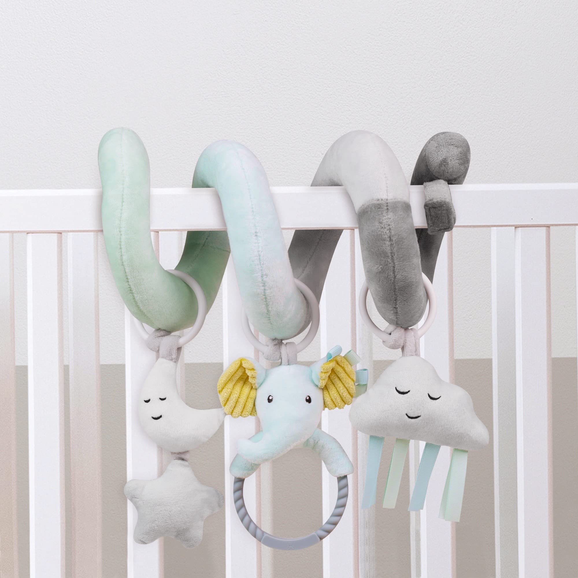 Reesy Bear Spiral Activity Toy for Car Seat, Stroller, Crib, or Play Gym; Features Hanging Plush Toys for Babies with Silicone Teether, Rattles, Crinkle Sounds, Squeaker, & Textured Ribbons - Sky Blue