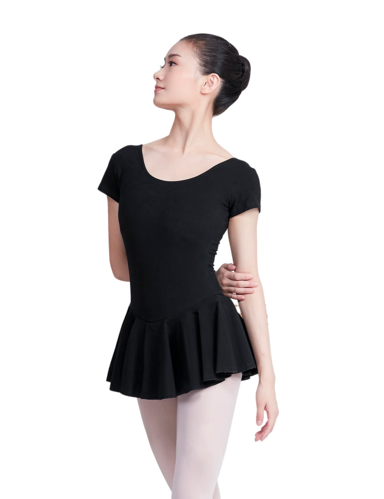 Phoeswan Skirted Dance Leotards, Women's Dance Skirt Black Cotton Short Sleeve Dance Dress for Ballet, Aerobics, Size X-Large