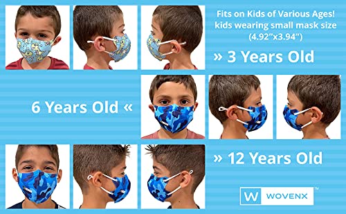 wovenx 5 Ply Small Kids Face Mask for 2-3 Year Olds, 15 Pack, With Adjustable Earloops, Individually Packaged, Disposable (Boys Masks: Dinosaur, Fishes, Camouflage)