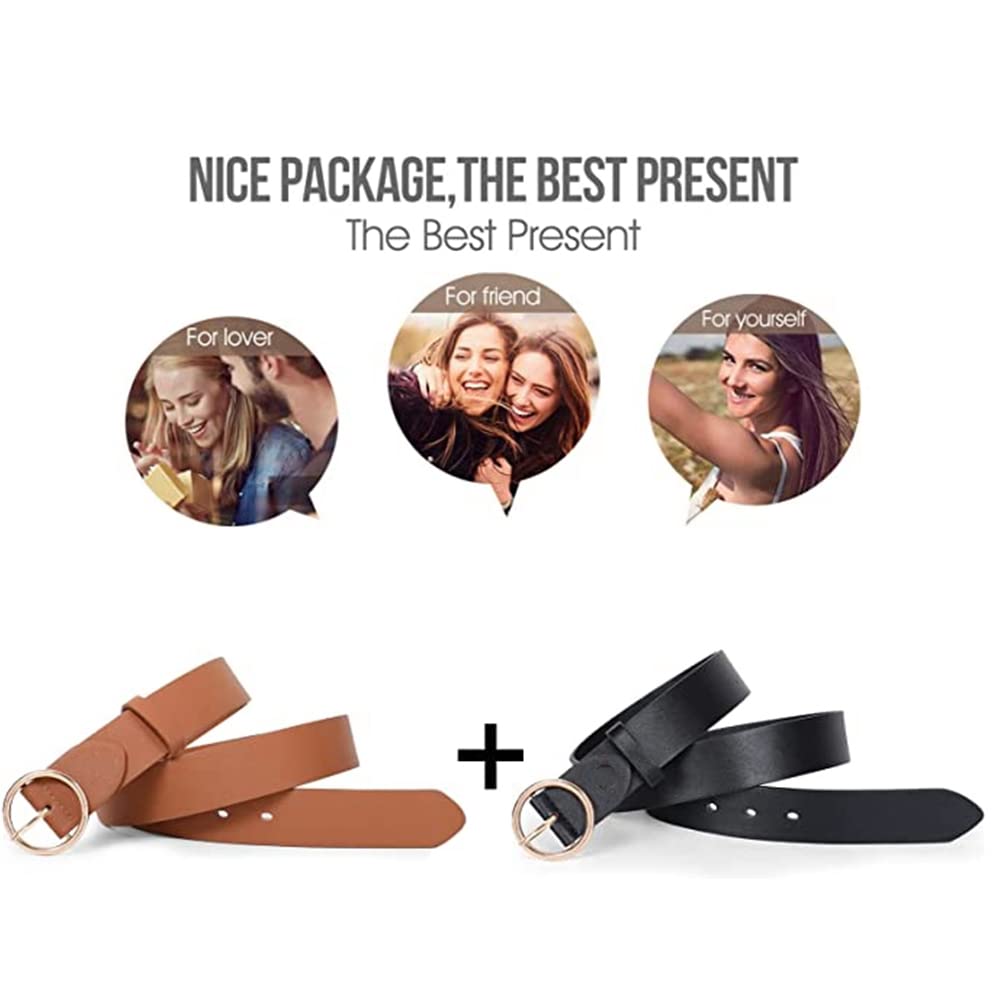 Sbecud 2 Pack Women's Leather Belts for Jeans Pants Fashion Gold Buckle Ladies Dress Belt