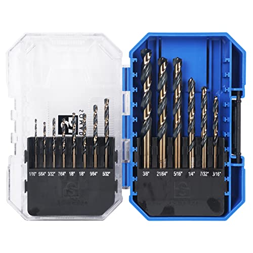 SOMADA 14-Piece Cobalt Drill Bit Set for Plastic, Wood, and Metal, M35 High-Speed Steel Twist Jobber Length Bits Sizes from 1/16" to 3/8" with Indexed Storage Case