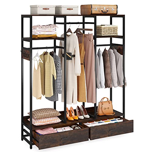 LITTLE TREE Clothes Rack with 2 Drawer and Shelves, Heavy Duty Wardrobe Closet Rack with 6 Hanging Hooks, Freestanding Closet System