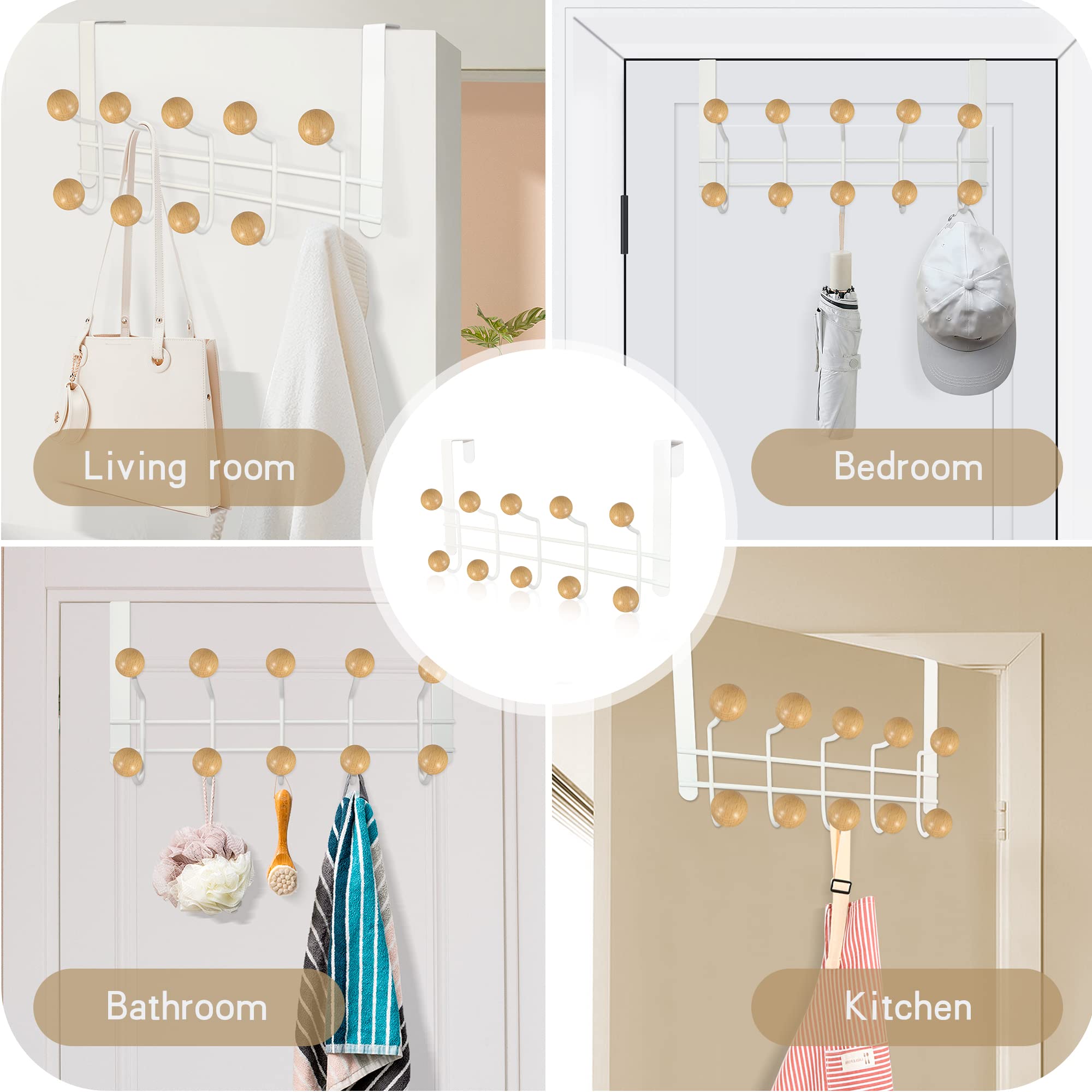 Loucarn Over The Door Hooks Door Hanger Hook for Clothes with 10 Wooden Door Hooks for Hanging Hats, Coats,Towels