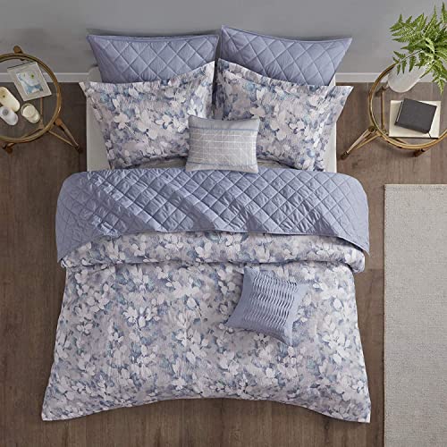 Madison Park Erica Comforter Quilt Combo Set - Modern Luxury Design, All Season Down Alternative Bedding, Matching Shams, Decorative Pillows, Full/Queen(90"x90"), Floral Blue 8 Piece