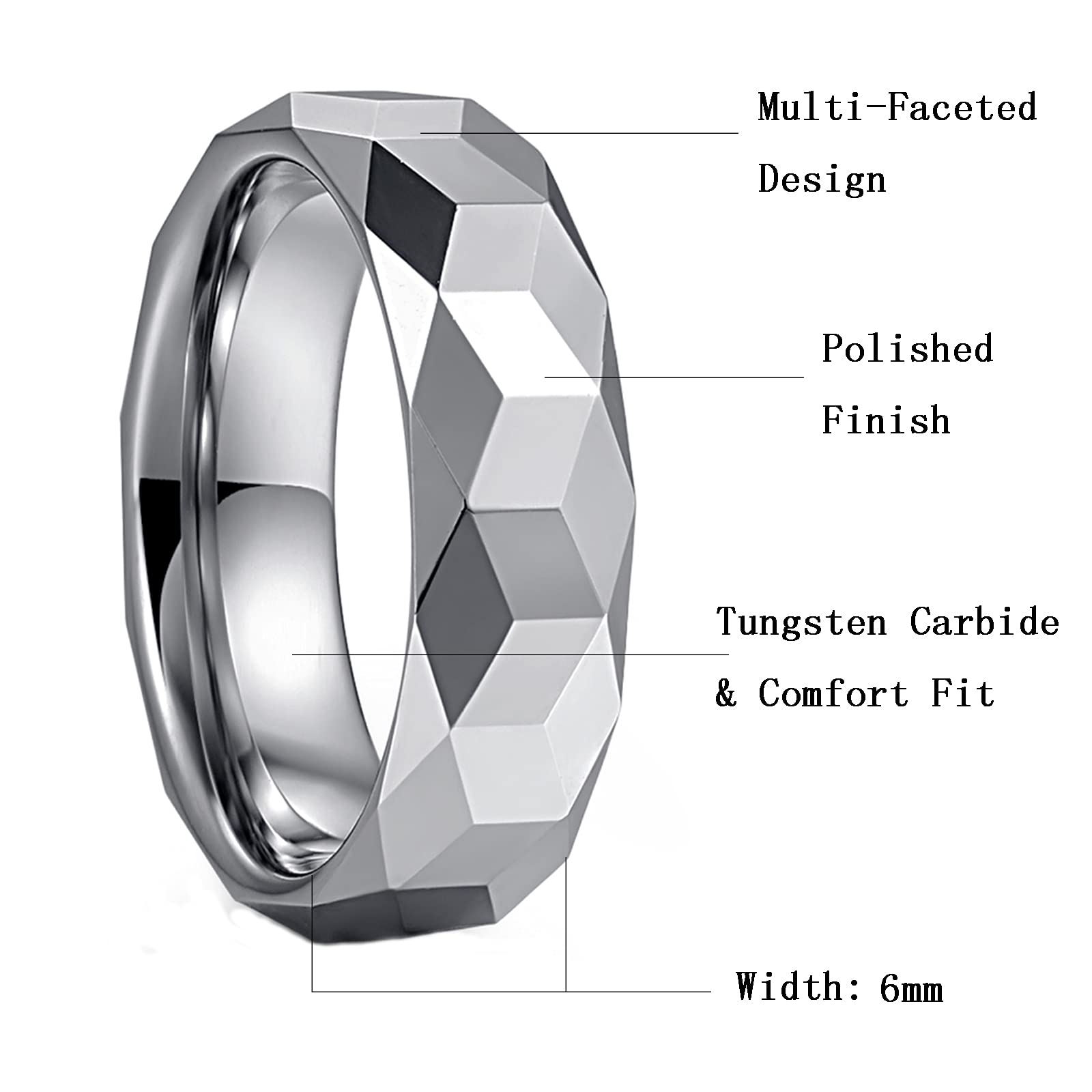 Phyonio Silver Multi-Faceted Engagement Ring for Men Women with Faceted Highly Polished Tungsten Wedding Band 6mm Comfort Fit Size 11