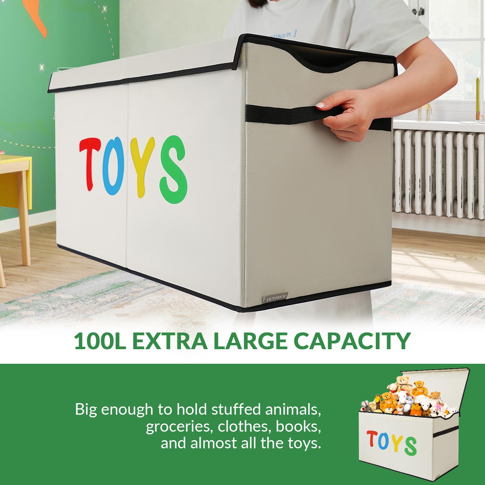 VICTOR'S Toy Box Chest, Collapsible Sturdy Storage Bins with Lid, Large Kids Toy Storage Organizer Box Bins Baskets (Linen Gray 2)