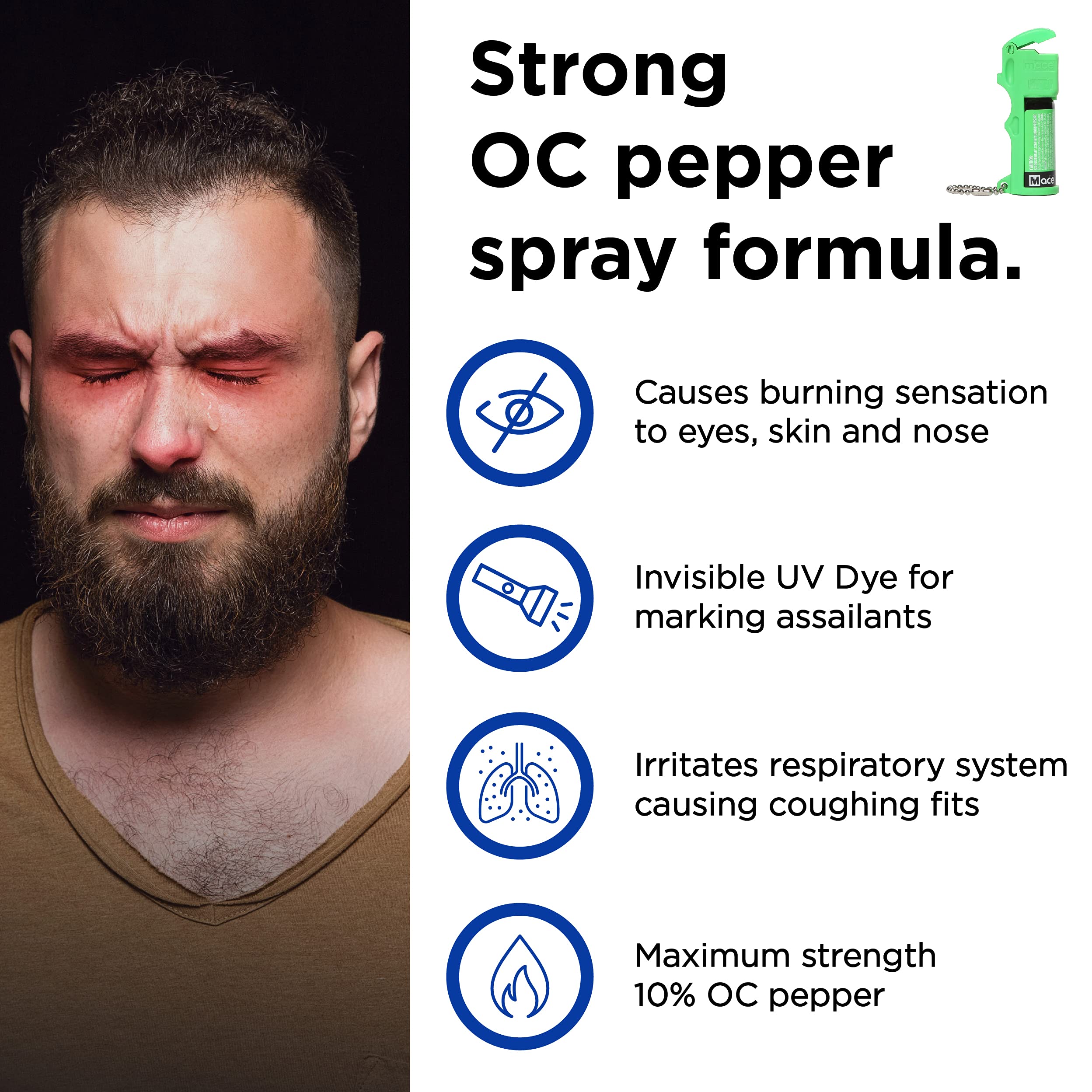 mace Brand Pocket Pepper Spray (Neon Green) β Accurate 10β Powerful Pepper Spray with Flip Top Safety Cap, Leaves UV Dye on Skin β Great for Self-Defense