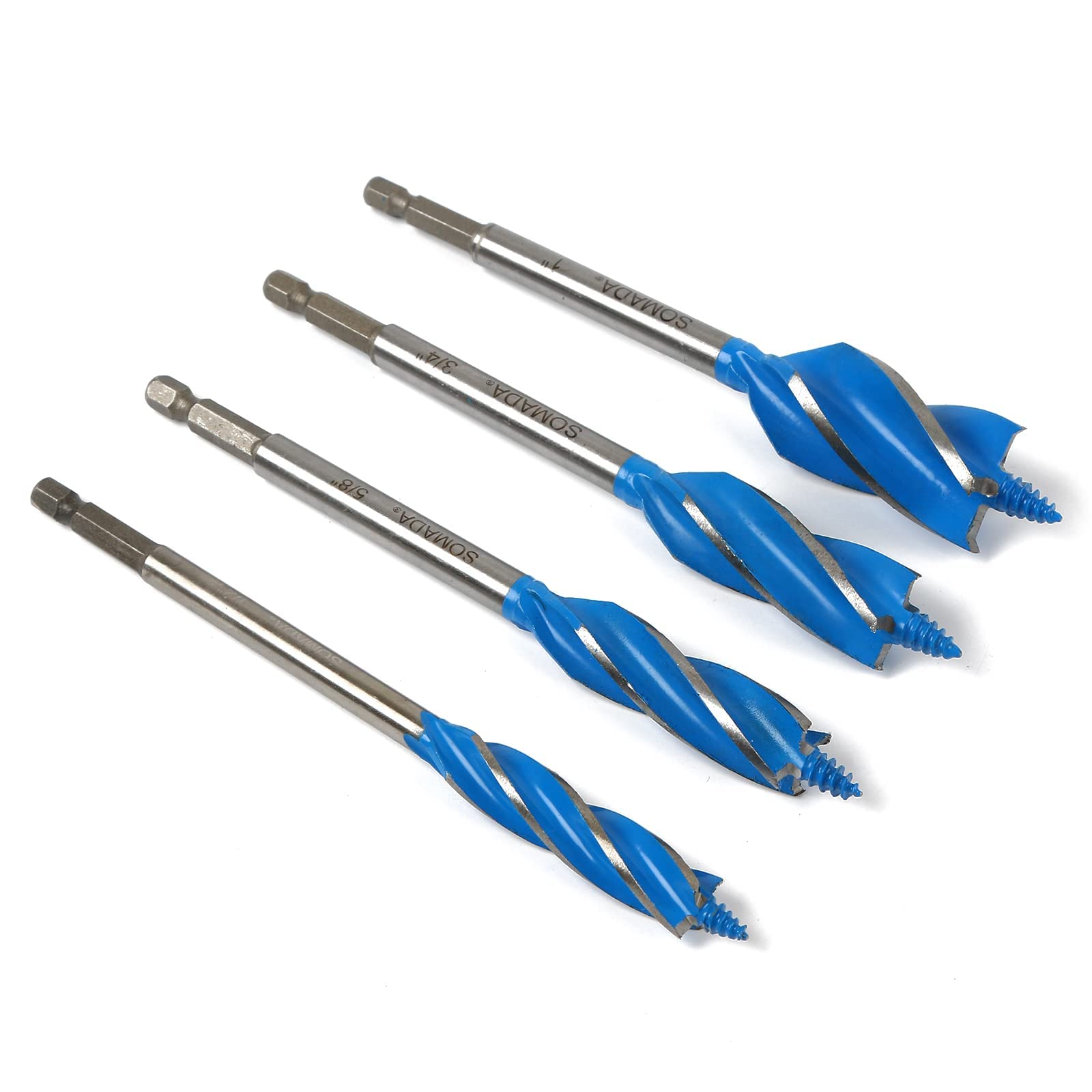 SOMADA Auger Drill Bit Set for Wood, 4-Piece, 1/2", 5/8", 3/4" and 1" Inch Size, 6-Inch Long Impact Wood Auger Set with Quick Change hex Shank