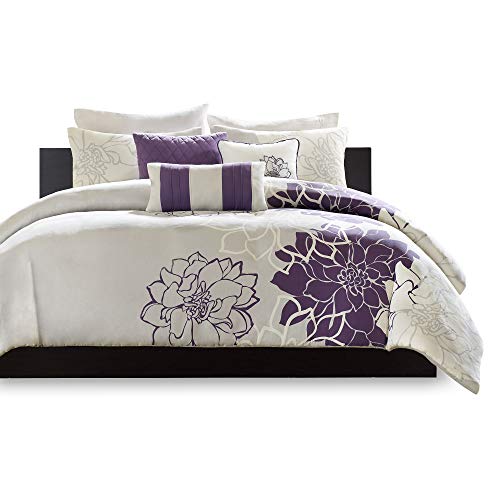 Madison Park Lola 100% Cotton Duvet Set Beautiful Floral Pattern, Ruffle Border Design All Season, Breathable Comforter Cover Bedding, Matching Shams, Full/Queen(90"x90"), Purple/Grey 6 Piece