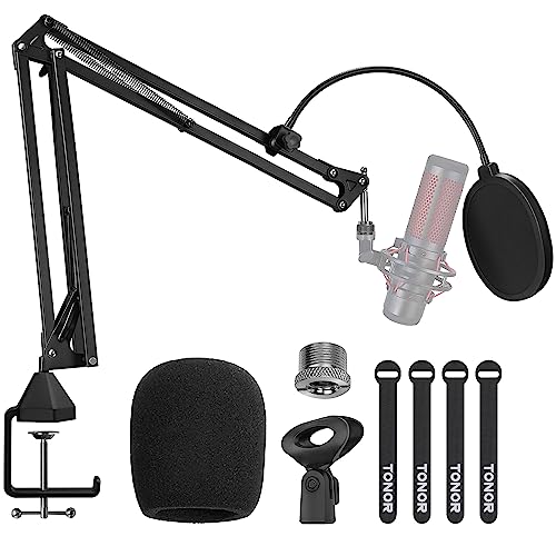 Microphone Arm Stand, TONOR Adjustable Suspension Boom Scissor Mic Stand with Pop Filter, 3/8" to 5/8" Adapter, Mic Clip, Upgraded Heavy Duty Clamp for Hyperx Blue Yeti Rode Elgato etc. Mics (T20)