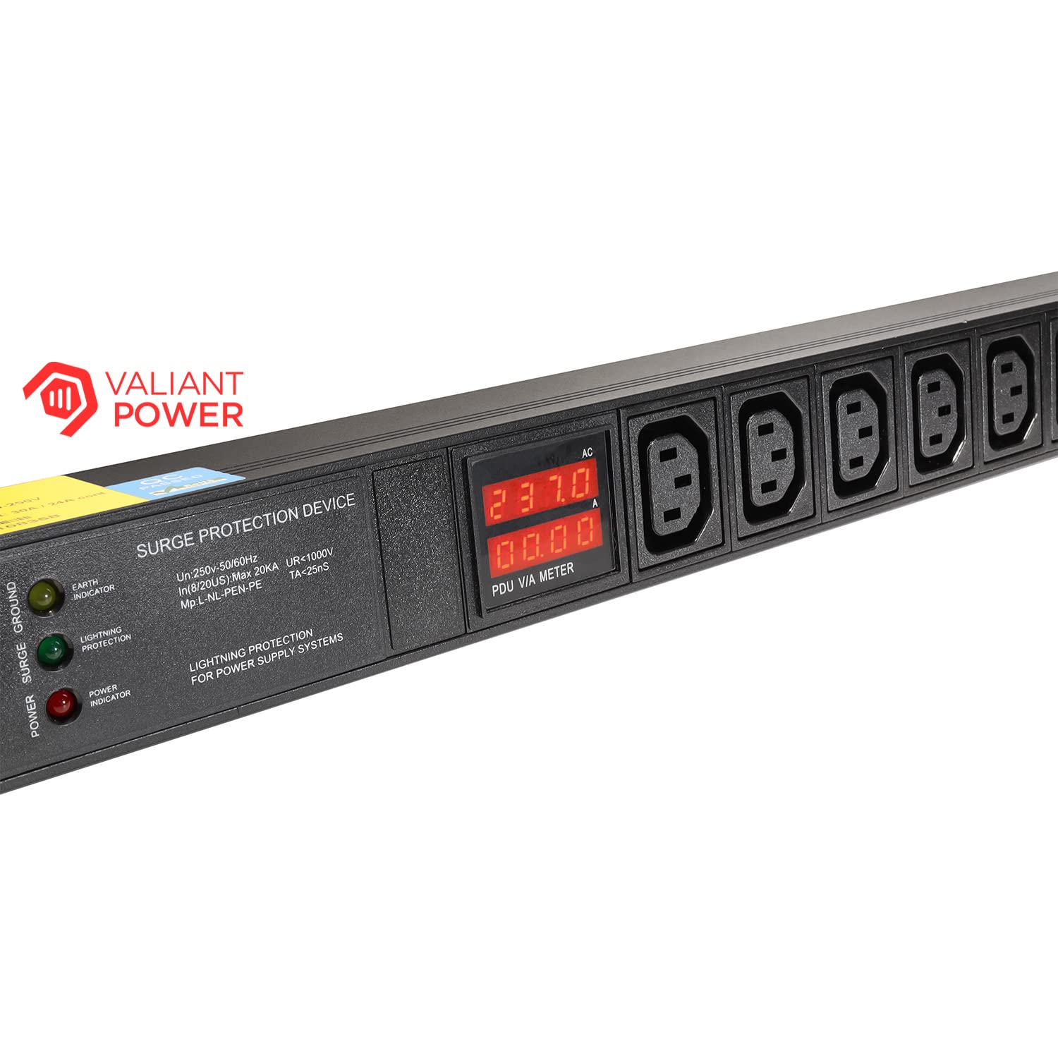 Valiant Power Rack Mount Power Strip - 240V 30A Single Phase PDU with Built-in Surge Protector, Volt & Amp Meter for Data Center - 19β Metal Housing, Ears & Fittings Included, 6β Cable, 6 Outlets