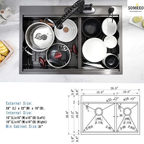 SOMRXO 28 Black Stainless Steel Kitchen Sink Double Bowl 28x22 Drop In Kitchen Sink Workstation Ledge 16 Gauge Gunmetal Black Kitchen Sink Topmount 10" Deep 40/60 Low-Divide Double Bowl Kitchen Sinks