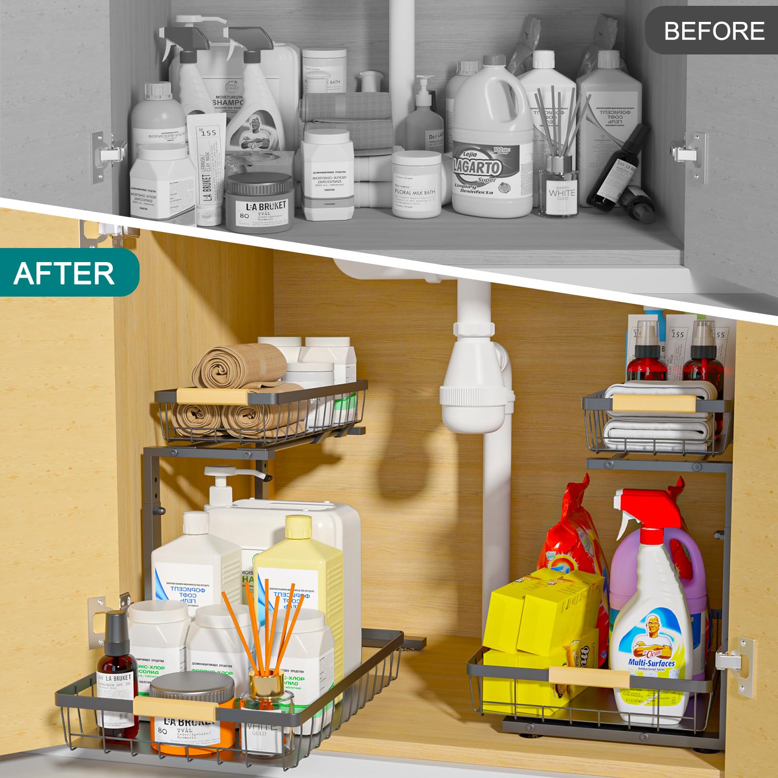 Under Sink Organizer and Storage 2 Pack Height Adjustable Pull Out Cabinet Drawers Organizer 2 Tier Metal Slide Out Sink Shelf Cabinet Storage Shelves for Kitchen Bathroom Cabinet, Black