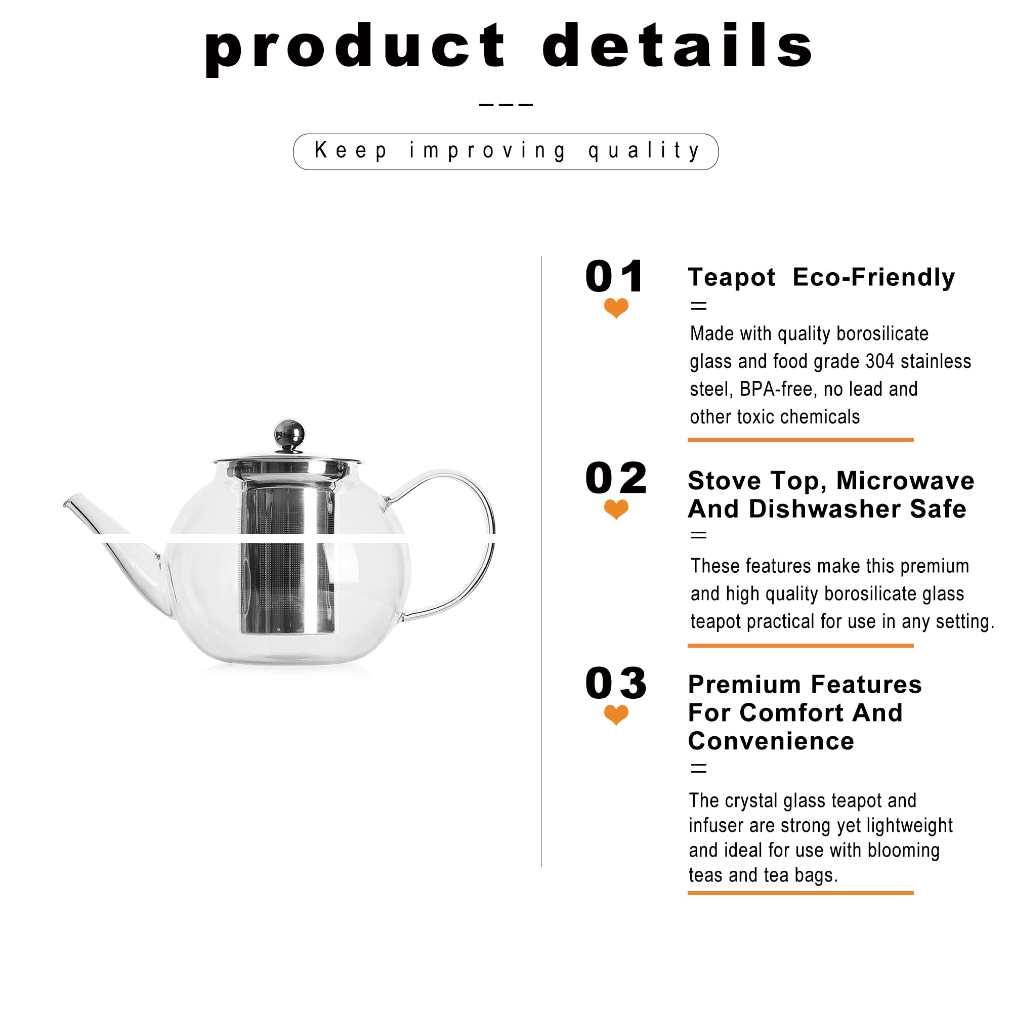 LUXU Glass Teapot with Stainless Steel Infuser & Lid,Stovetop Safe 1100ml/37 oz Clear Glass Tea Kettle with Comfortable Handle,Premium Blooming and Loose Leaf Tea Maker Set