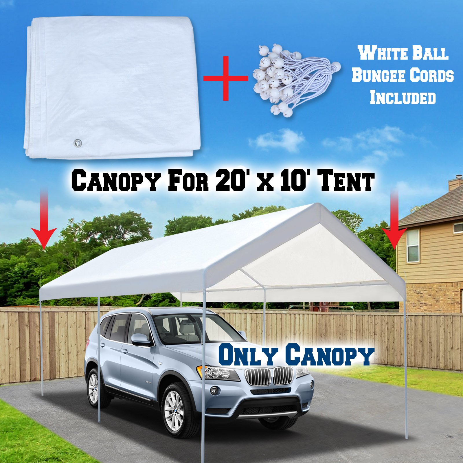YardGrow 10'x20' Carport Replacement Canopy Cover for Tent Top Garage Shelter Cover with Ball Bungees (Only Cover, Frame is not Included)