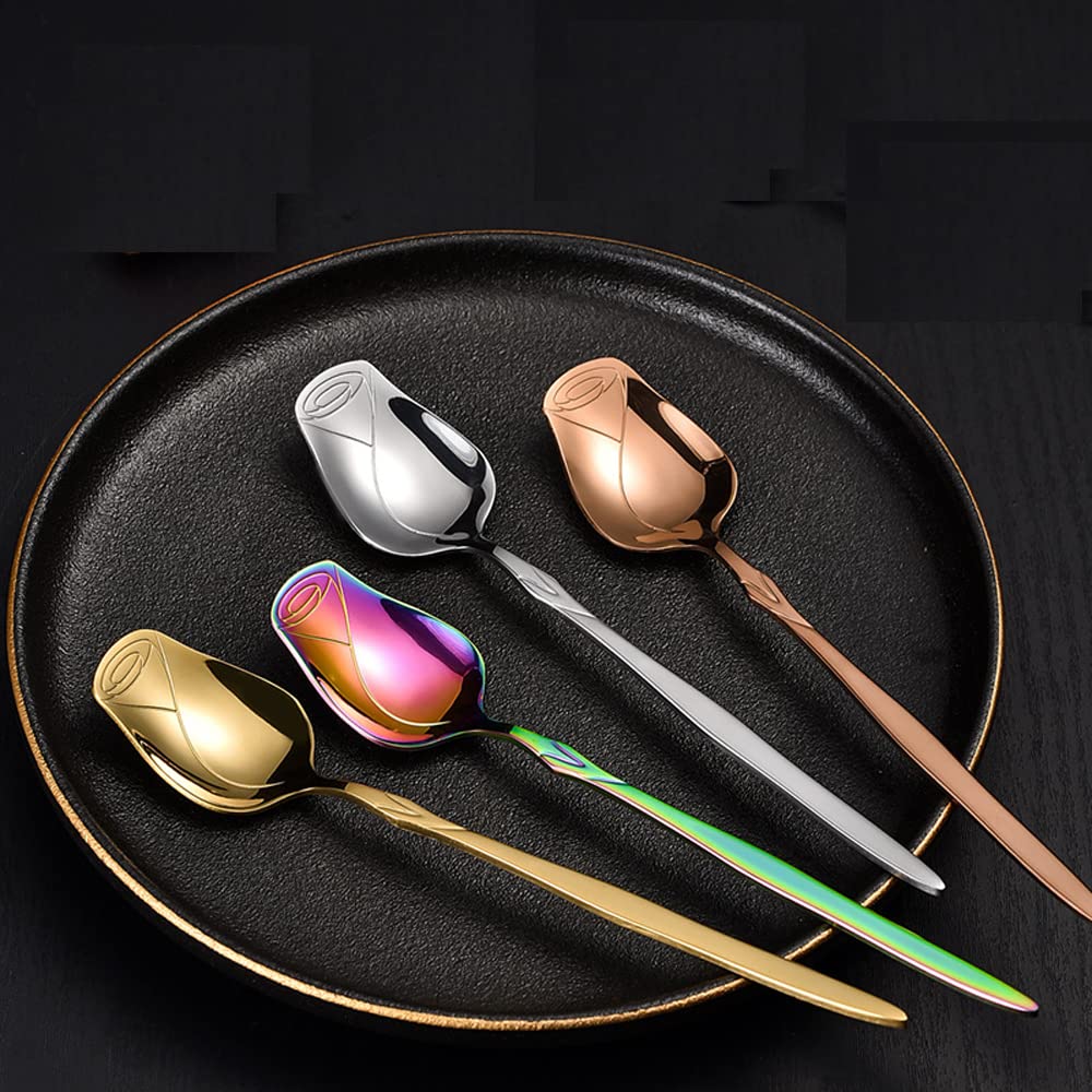 Stainless Steel Spoon Set 5 Pack, Rose flower shaped spoon, Coffee spoon,Dessert Spoon, Ice Cream Spoons, tea spoons,Love spoon, Cute holiday gift (Multicolor)