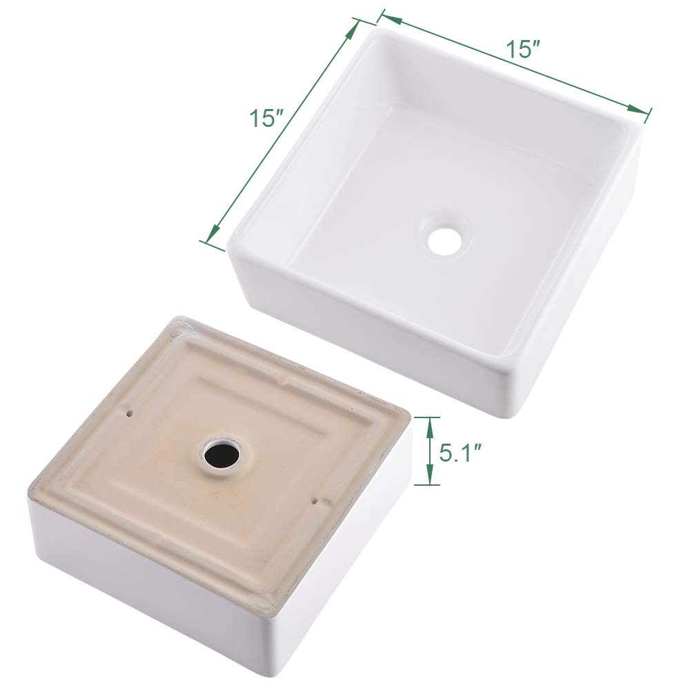 SOMRXO Bathroom Vessel Sink Square Vessel Sink For Bathroom 15"X15" Above Counter Bathroom Sink White Porcelain Ceramic Bathroom Vessel Sink Vanity Sink Art Basin