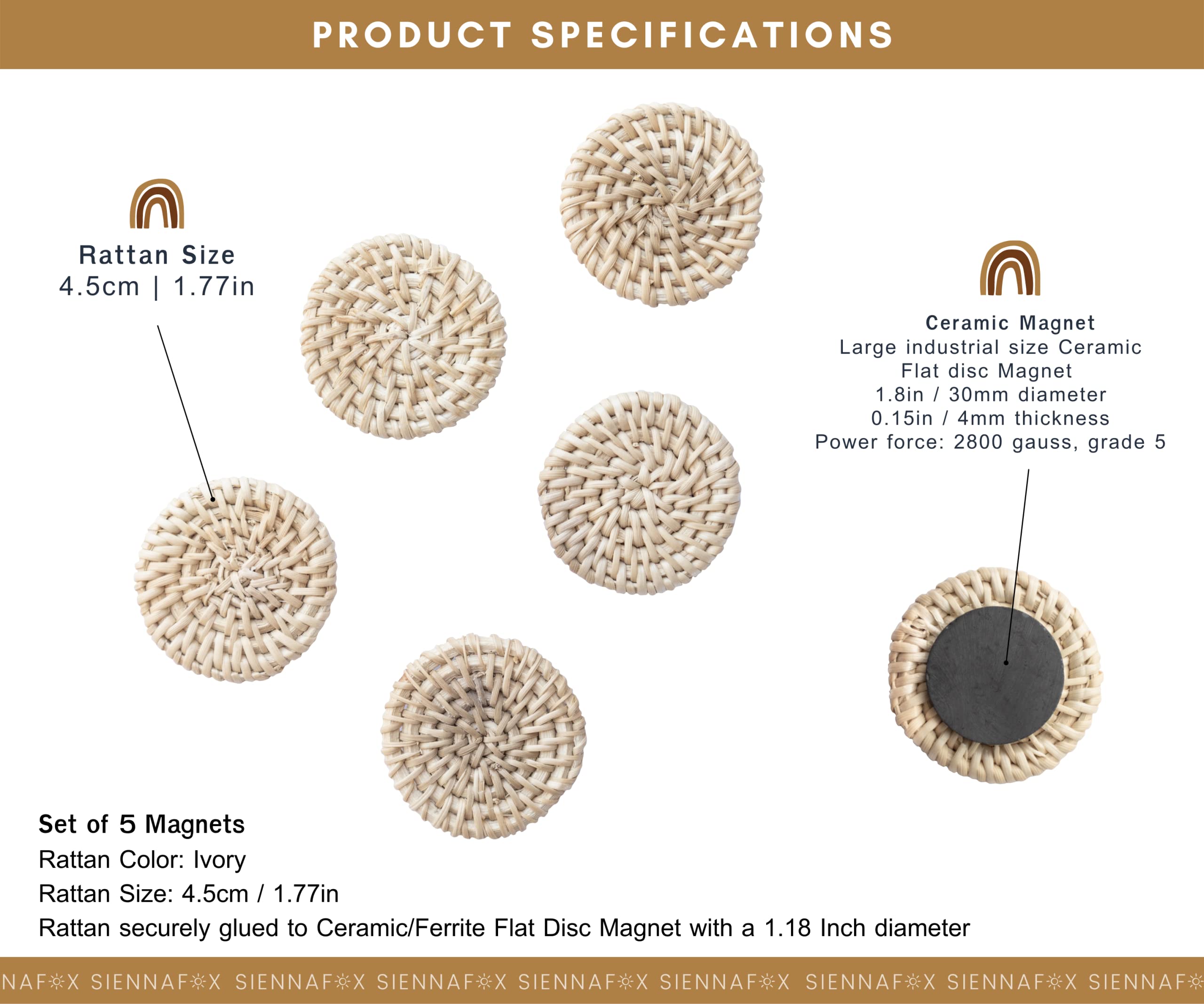 SiennaFox Rattan Fridge Magnet Large Ceramic 1.18in Magnets Boho Home Decor Office Decoration whiteboard Decorative Kitchen Locker Magnetic Aesthetic (Ivory Set of 5)