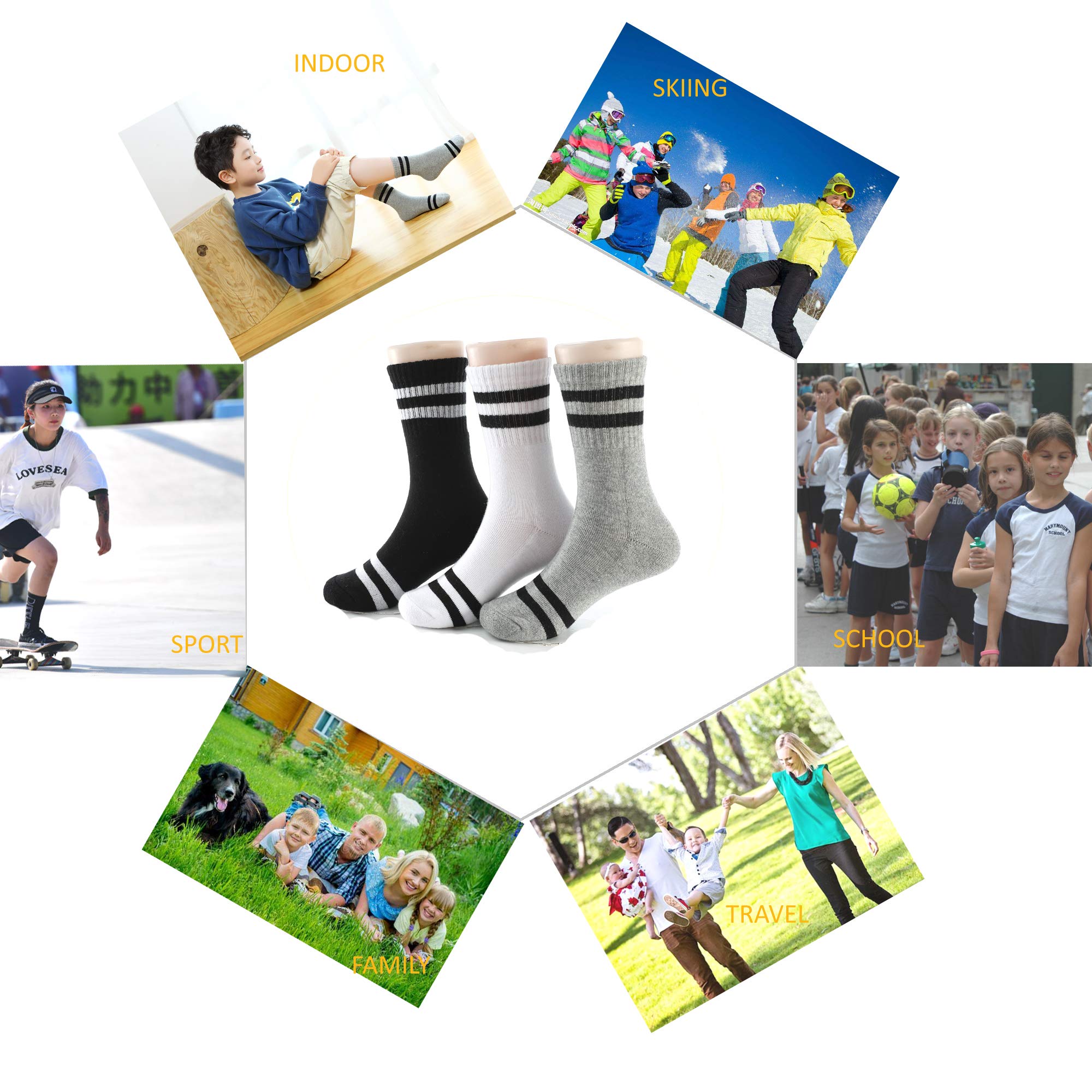 Oohmy Boys Girls Athletic Ankle Socks 8 Packs Terry-loop Cushion Warm Autumn Winter Combed Cotton Socks Shoe 6-9 Typical Age 3-7 yrs old (BLACK+GRAY, Medium)
