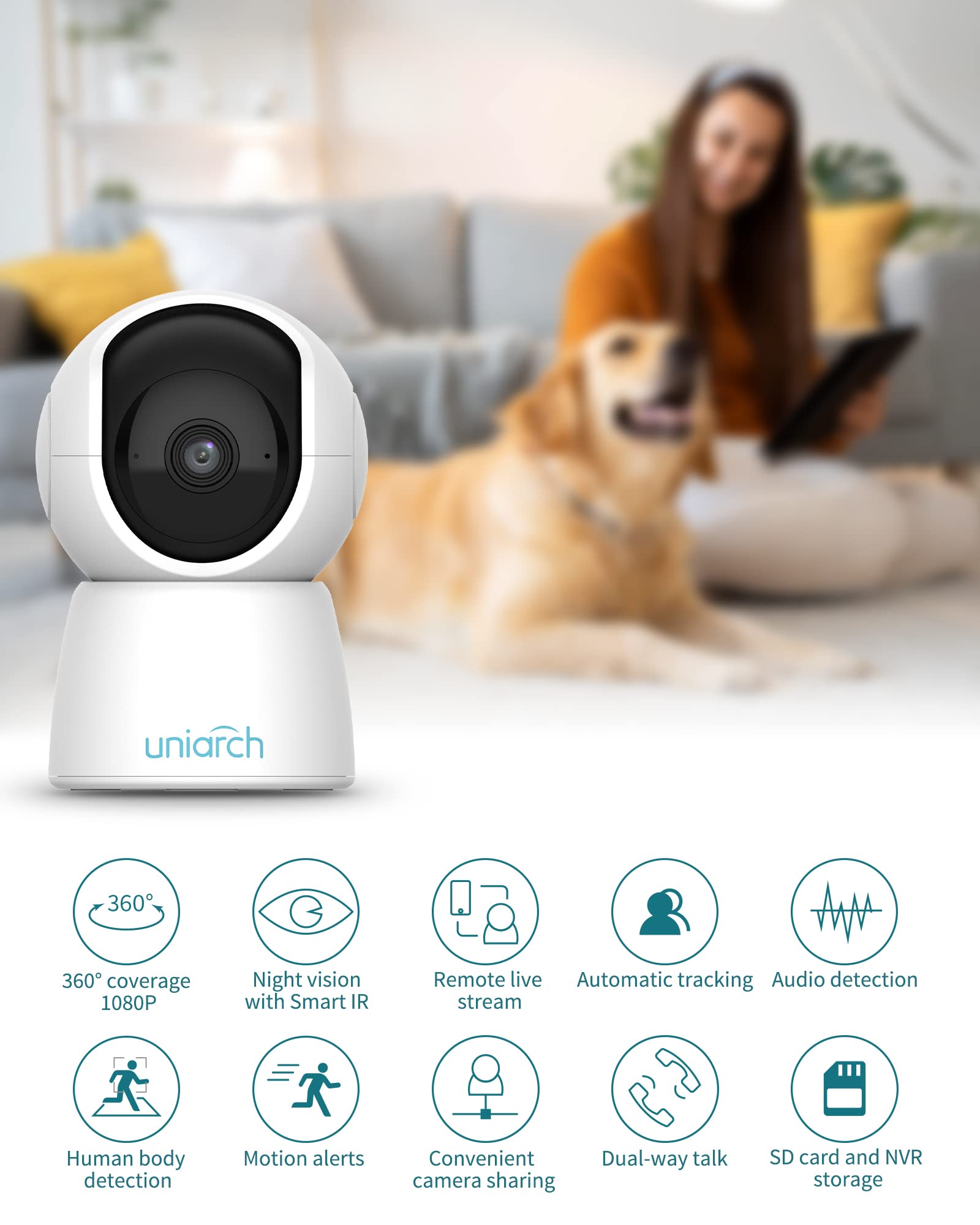 uniarch Indoor Security Camera Pan/Tilt 1080P, 360 Degree Home Camera with App, Night Vision, Smart Motion Detection Auto Tracking, 2-Way Audio Pet Camera for Baby/Elder/Pet (S2E Only)