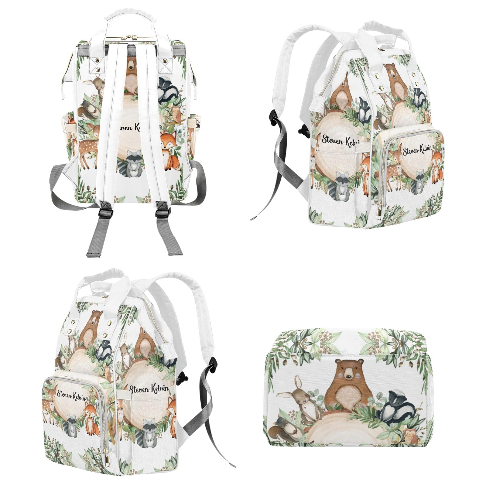 Woodland Animals Forest Leaves Personalized Diaper Backpack with Name,Custom Travel DayPack for Nappy Mommy Nursing Baby Bag One Size