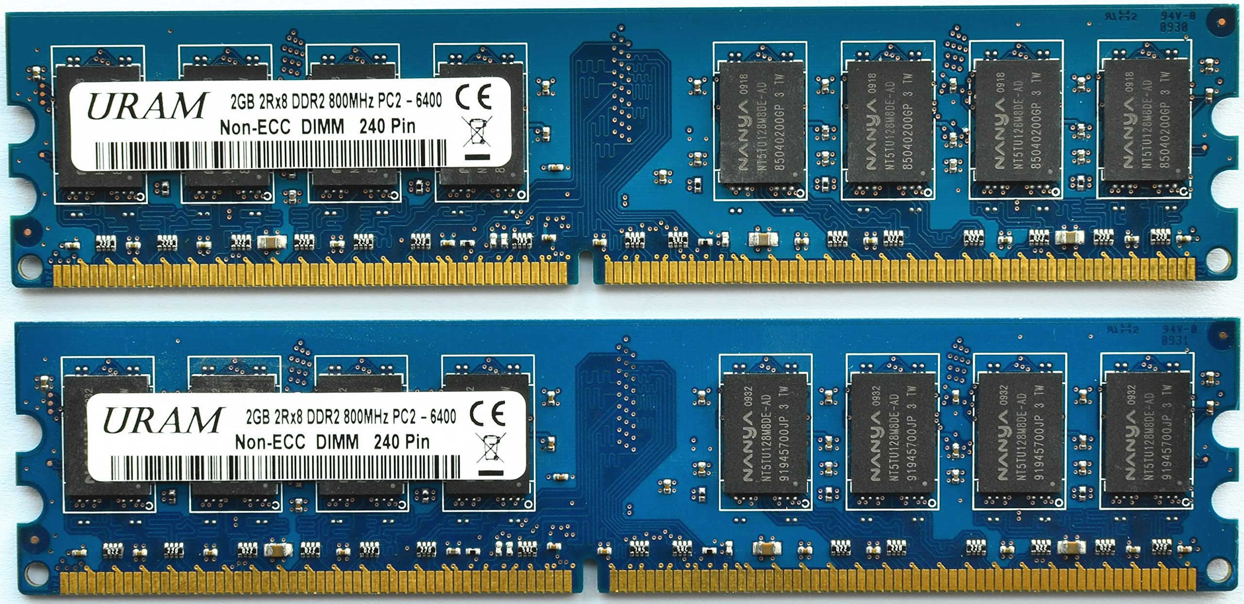 URAM DDR2 SDRAM 4GB Kit (2X2GB) RAM 800MHz 2RX8 PC2-6400U PC2 6400 240 Pin 1.8V Non-ECC Unbuffered DIMM Nanya Chip Memory PC Computer Desktop Upgrade