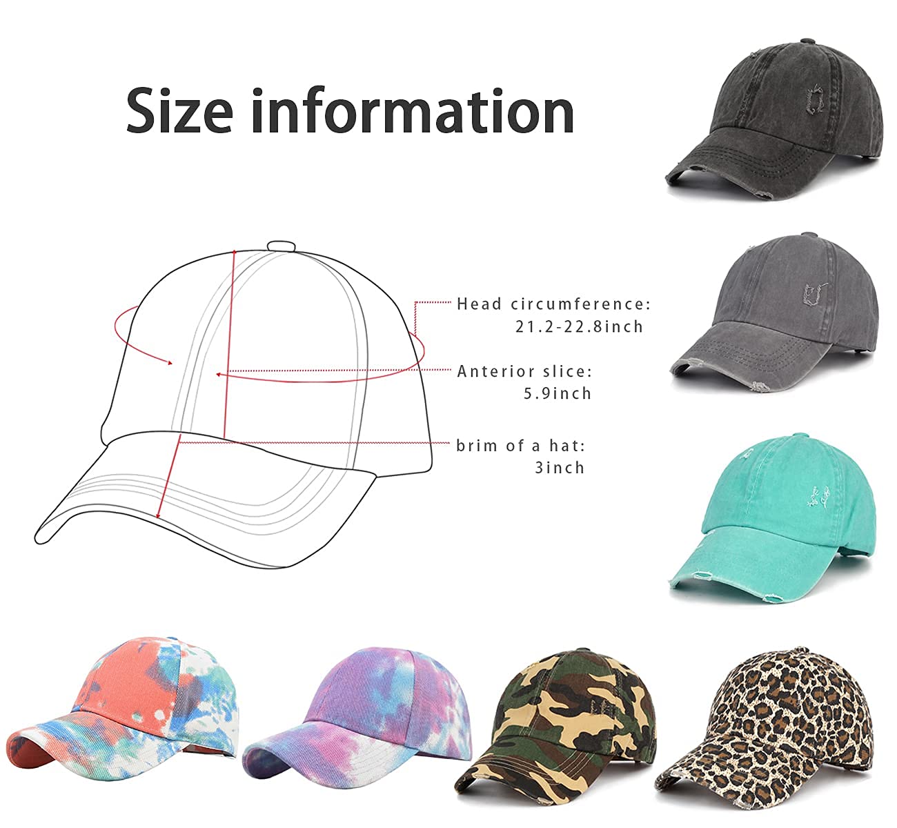 Ponytail Hat Baseball Cap for Women Criss Cross Adjustable Washed Tie Dye Messy Bun Trucker Dad Hat Ponycaps Womens Multicoloured