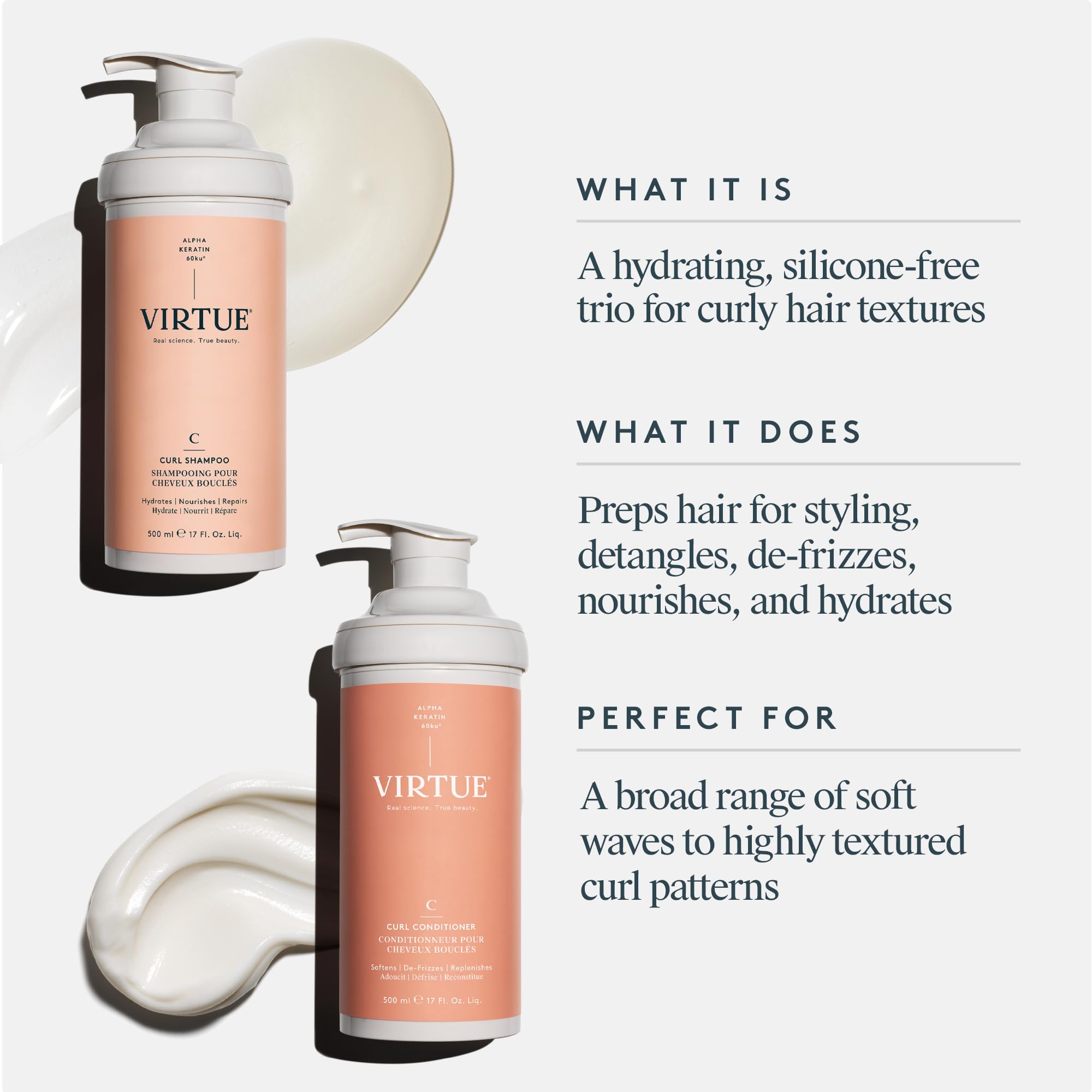Virtue Curl Sulfate Free Shampoo and Conditioner Set with Jojoba Oil for Curly Hair with Frizz Control, Color Safe, 17 Fl Oz Each
