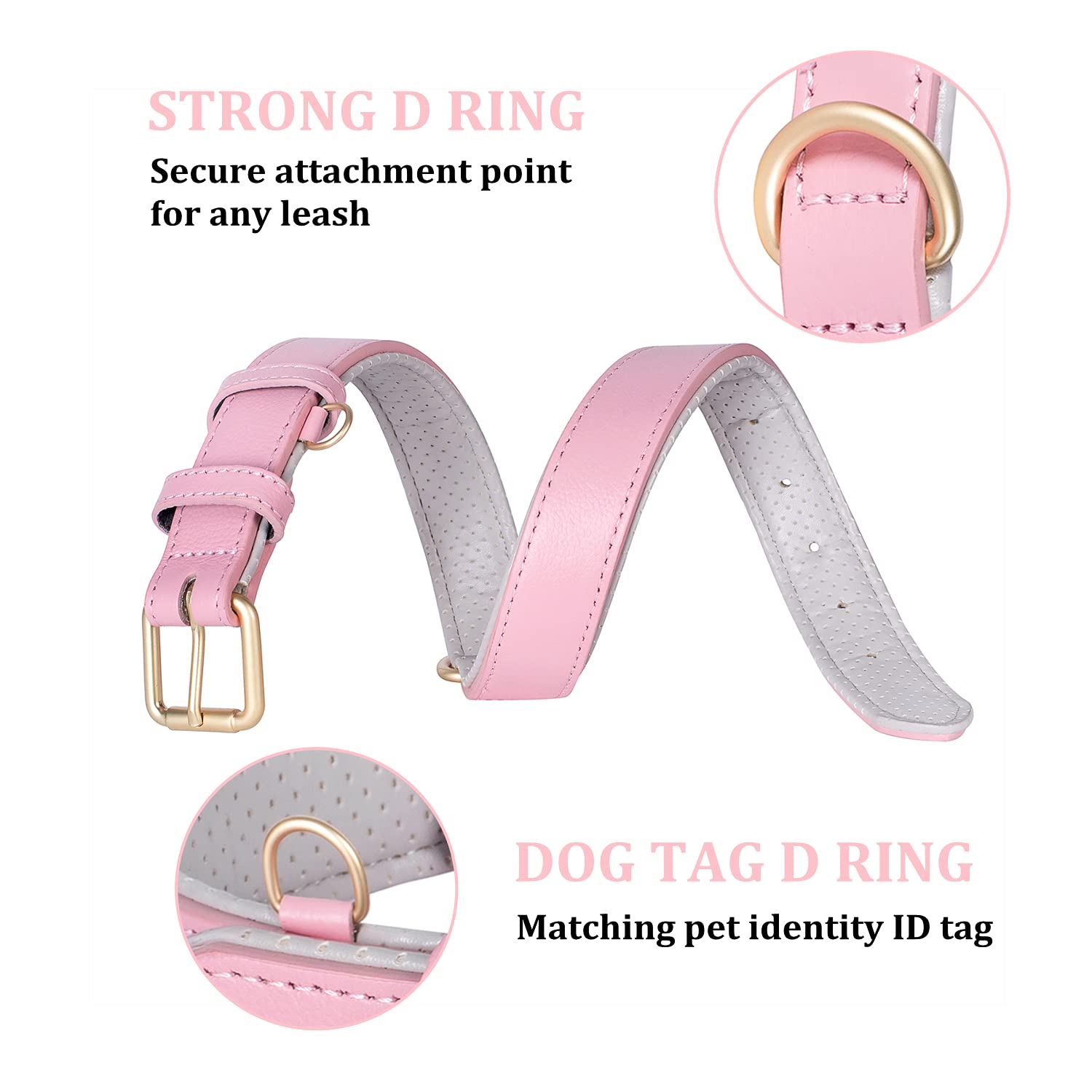 Poohoo Genuine Leather Dog Collar Soft & Breathable PU Leather Padded Metal Hardware Rust-Proof Heavy with Duty Dog Tag Ring for Medium Large X-Large Dogs (Medium, Pink)