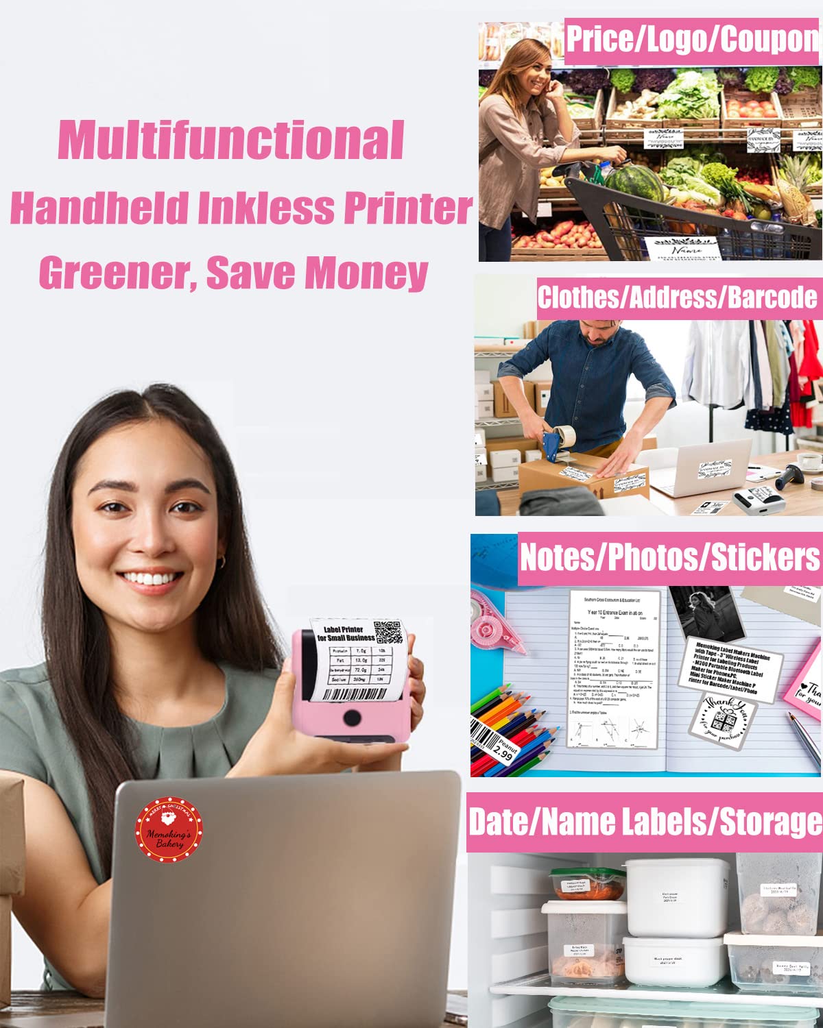 Memoking M200 Label Maker Set with 3 Rolls 1" x 2-5/8" Thermal Label, 3 Inch Barcode Label Printer, Sticker Maker Machine for Labeling, Mailing, Home, Office & Small Business, for Phones&PC-Pink