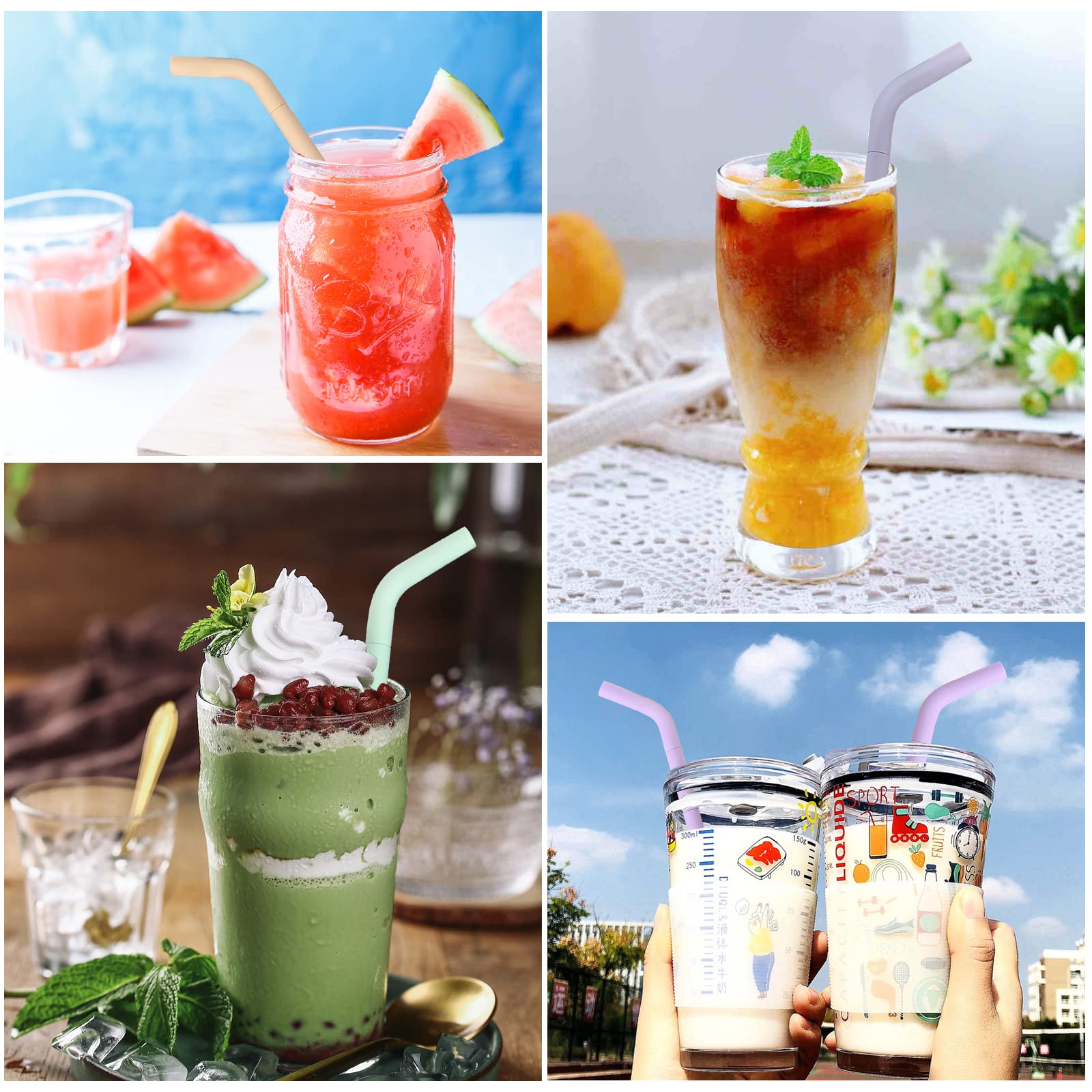 Reusable Silicone Drinking Straws 4PCS Splicable Straws with Travel Case Cleaning Brush -Silicone Straws Length Adjustable Drinking for 20/30/32oz Tumblers(0.2'' diameter)