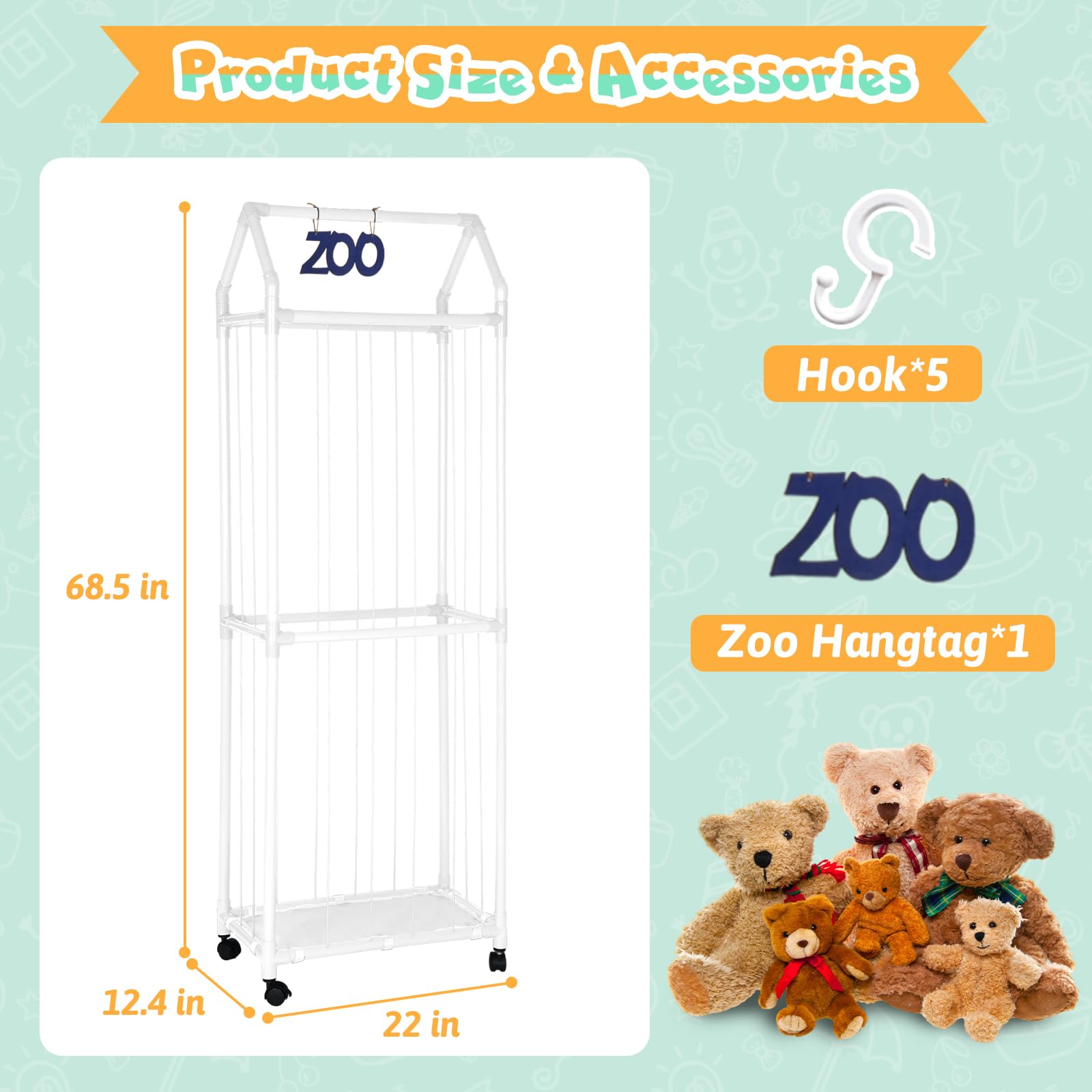 XMBecc Stuffed Animal Storage Zoo Stuffed Animal Holder Space Save Vertical Stuffed Animals Storage PVC with Elastic Band and Net for Playroom Birthday Gift for Bedroom(white)