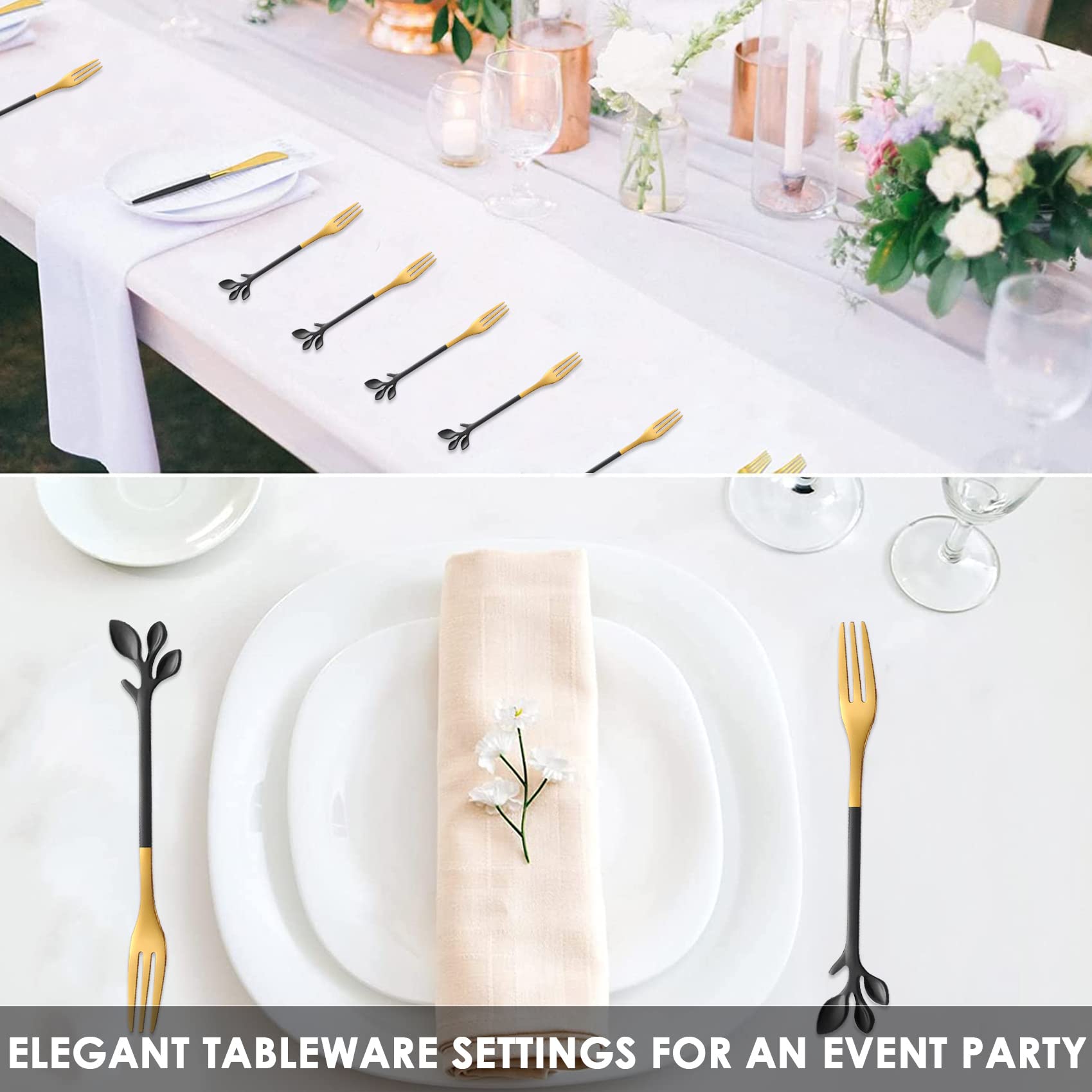 Rovepic 10 Pack Stainless Steel Appetizer Cake Fruit Forks Black Leaf Creative Tasting Dessert Mini Gold 3-Tined Forks Birthday Parties Events Kitchen Accessory Stirring Fork Set 4.8 inch