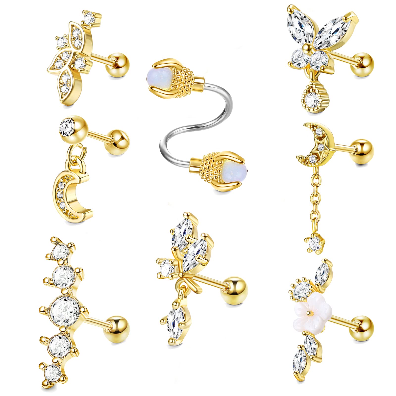 ORAZIO 8PCS Stainless Steel Cartilage Earring Stud Conch Forward Helix Tragus Daith Piercing Jewelry For Women Men Gold Tone