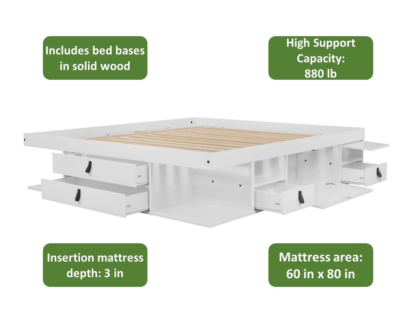 memomad Bali Storage Platform Bed with Drawers (Queen Size, Off White)