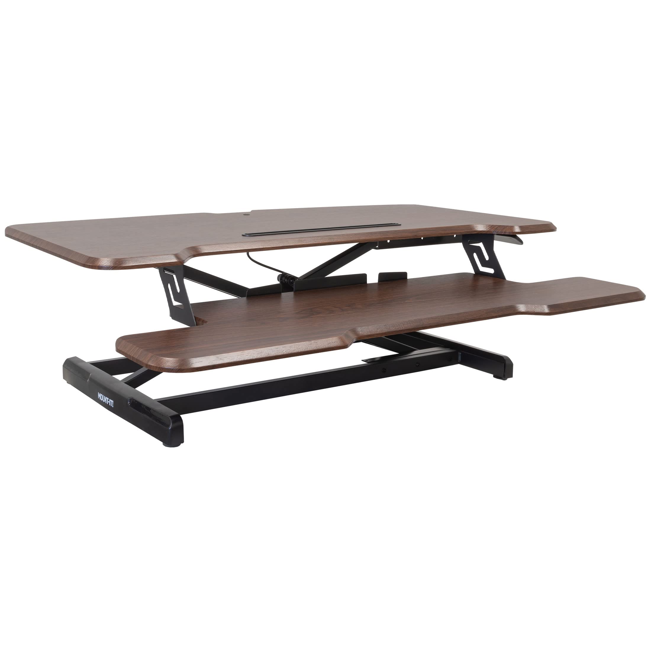 Mount-It! Height Adjustable Desk Converter, 38β Wide Tabletop Standing Desk Riser with Gas Spring Desktop Standing Desk with Keyboard Tray Fits Two Monitors, Dark Walnut