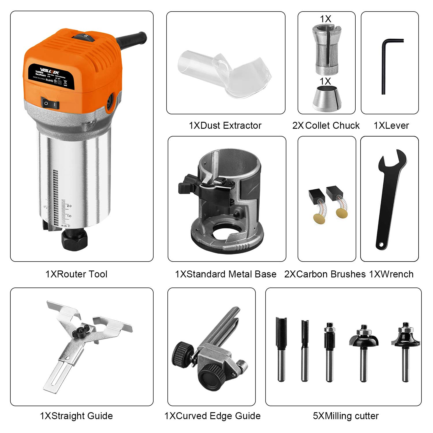 VOLLTEK 6.5-Amp Wood Router Tool, 1.25 HP Compact Trim Router with 5PCS Wood Router Bits, Edge Guide, Roller Guide, Dust Hood and 1/4" & 3/8" Collets Dobetter