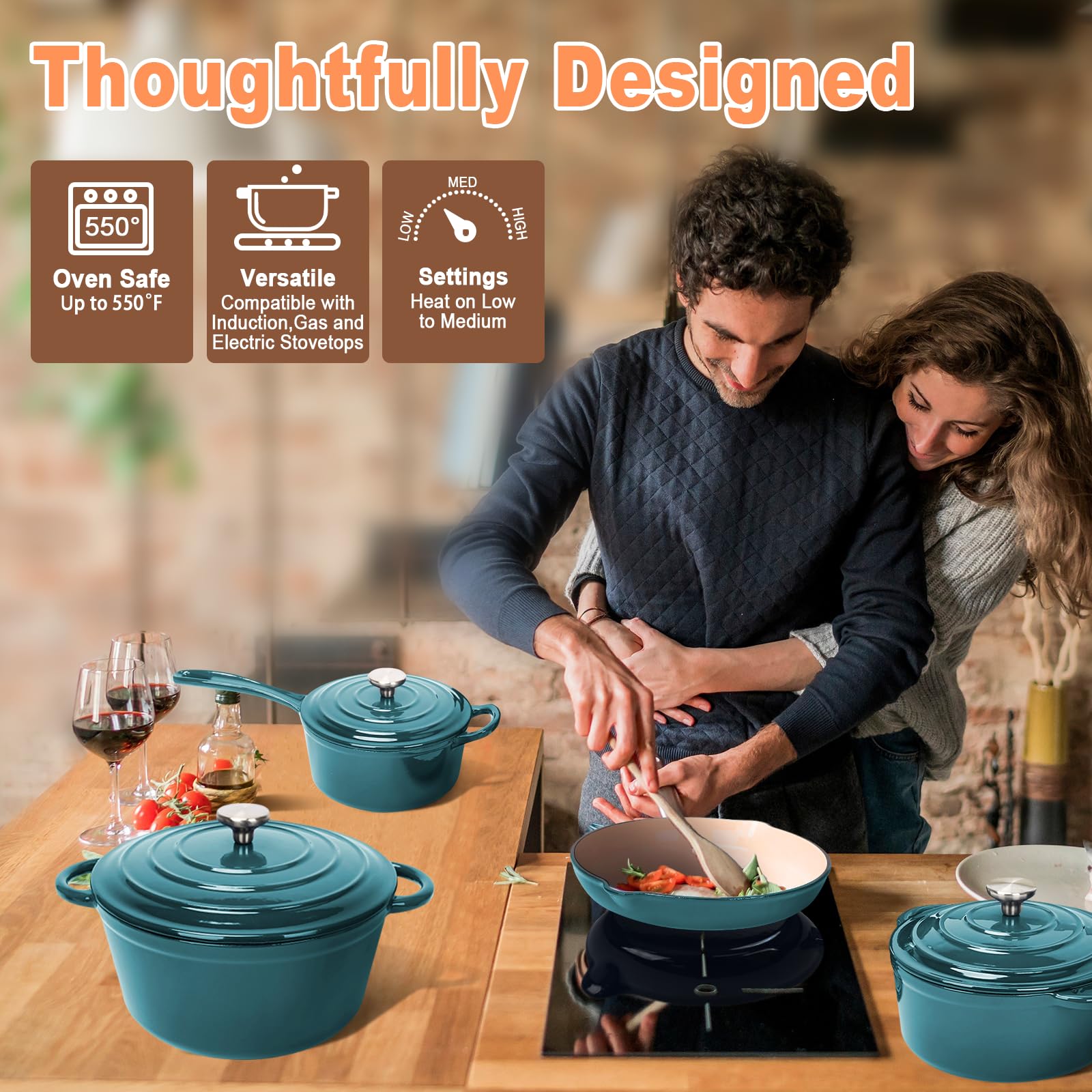 Uniflasy Enameled Cast Iron Cookware Set, 9-Piece Set Nonstick Ceramic Dutch Oven Stove Pots, Skillet, Pans, Lids,Storage Rack and Lid Holder, Oven Safe & Compatible with All Stovetop, Teal Ombre