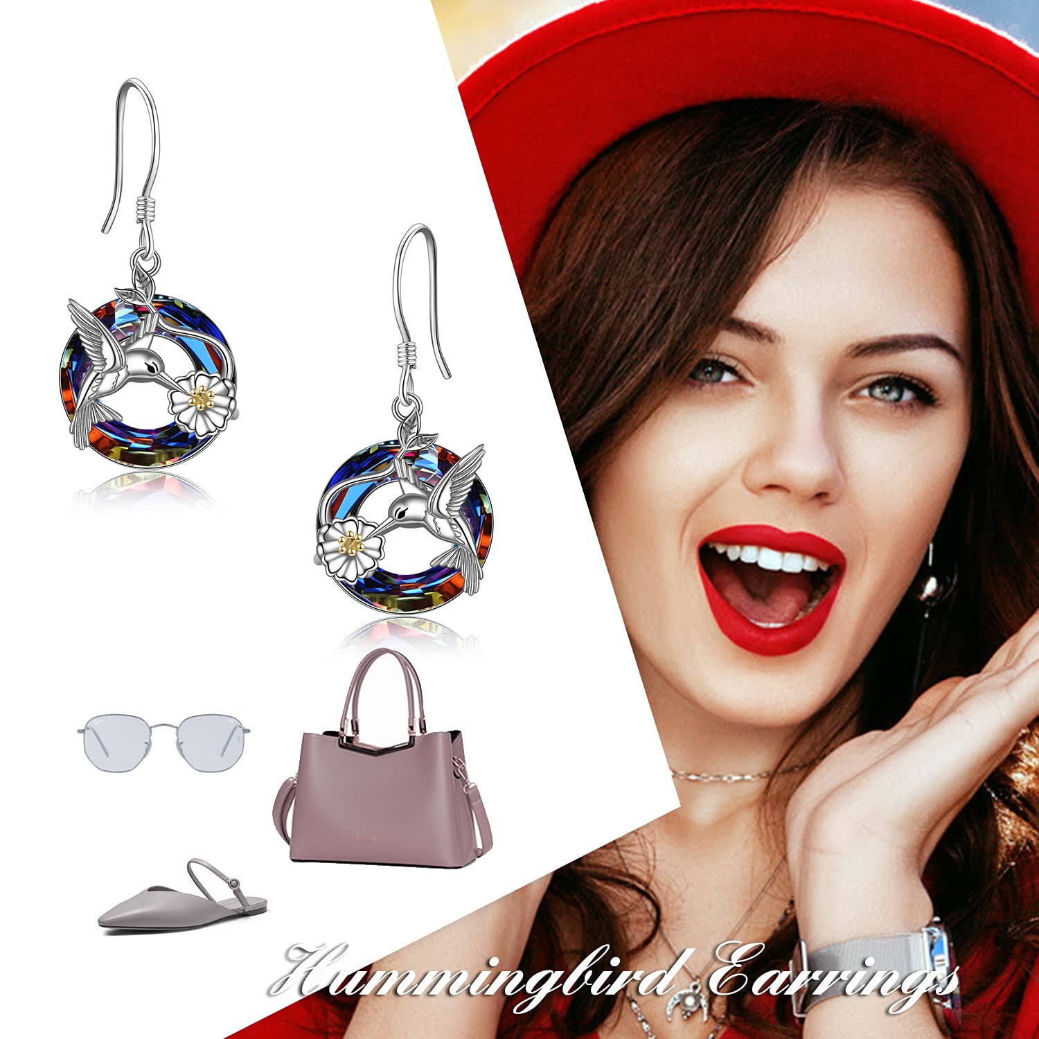 POPLYKE Hummingbird Earrings for Women Sterling Silver Hummingbird Bird Daisy Flower Dangle Drop Earrings with Volcano Circle Crystal Gifts(volcano)