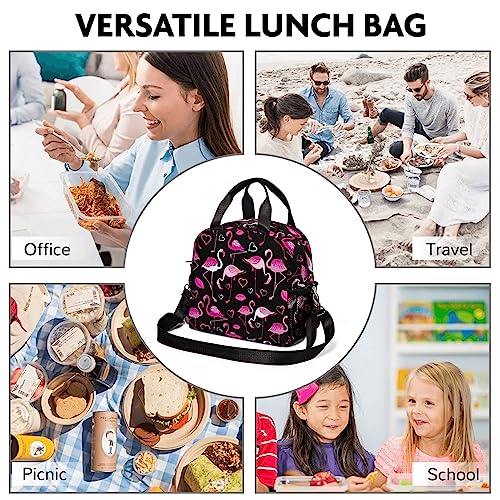 Wuetduz Pink Flamingo Insulated Lunch Bag for Women Men, Large Capacity Portable Cooler Lunch Tote with Adjustable Shoulder Strap and Side Pockets, Reusable Meal Prep Bag for Work School