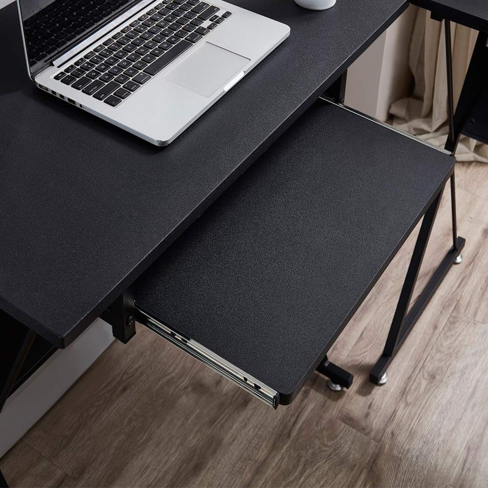 L Shaped Desk with Keyboard Tray Reversible Gaming Desk Corner Computer Desk for Home Office, Black Wood & Steel Frame Writing Study PC Workstation Table for Small Space