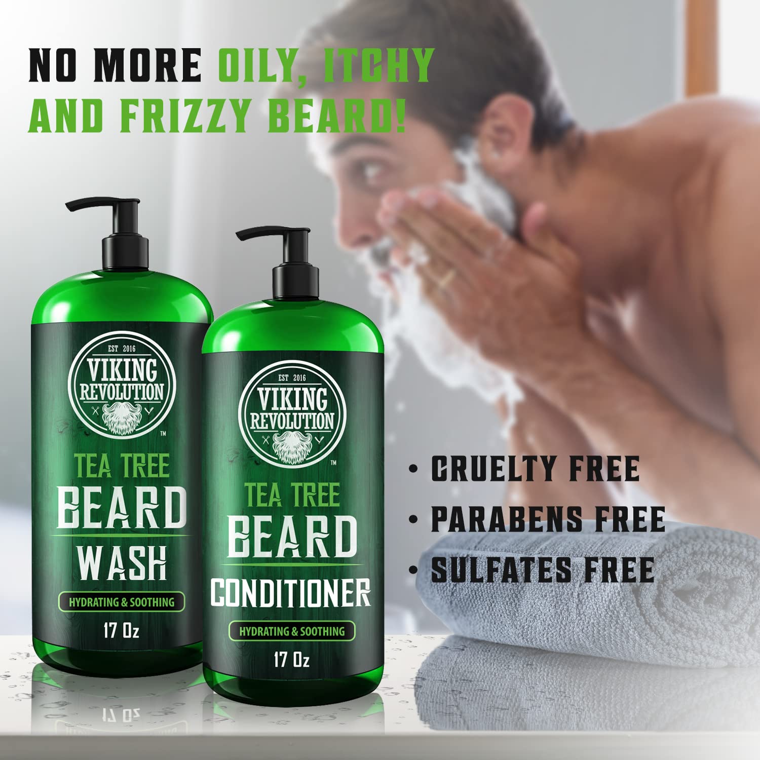 Viking Revolution Tea Tree Oil Beard Wash and Beard Conditioner For Men - Natural Beard Softener Set with Argan Oil, Vitamin E and Ginseng - Beard Shampoo and Conditioner Set (17 Oz)