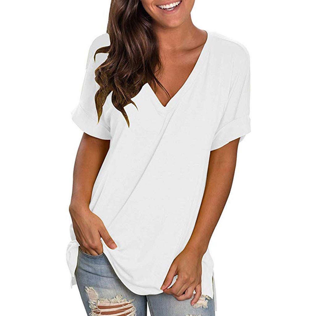 Muicook Women's V Neck T Shirt Rolled Sleeve Side Split Tunic Tops Summer Loose Casual Tops(Large,White)