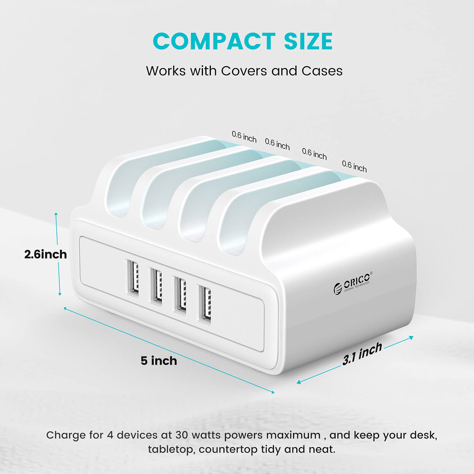 ORICO Charging Station for Multiple Devices, Fast Charging Dock Station Organizer with 4 Ports (White)