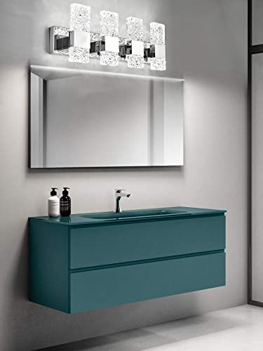OYLYW Modern LED Bathroom Vanity Light Fixtures Chrome Stainless Steel 4 Light Wall Sconces for Bathroom Lighting Fuxture Over Mirror 28 Inch 40w LED Crystal Wall Light Cool White 5800K