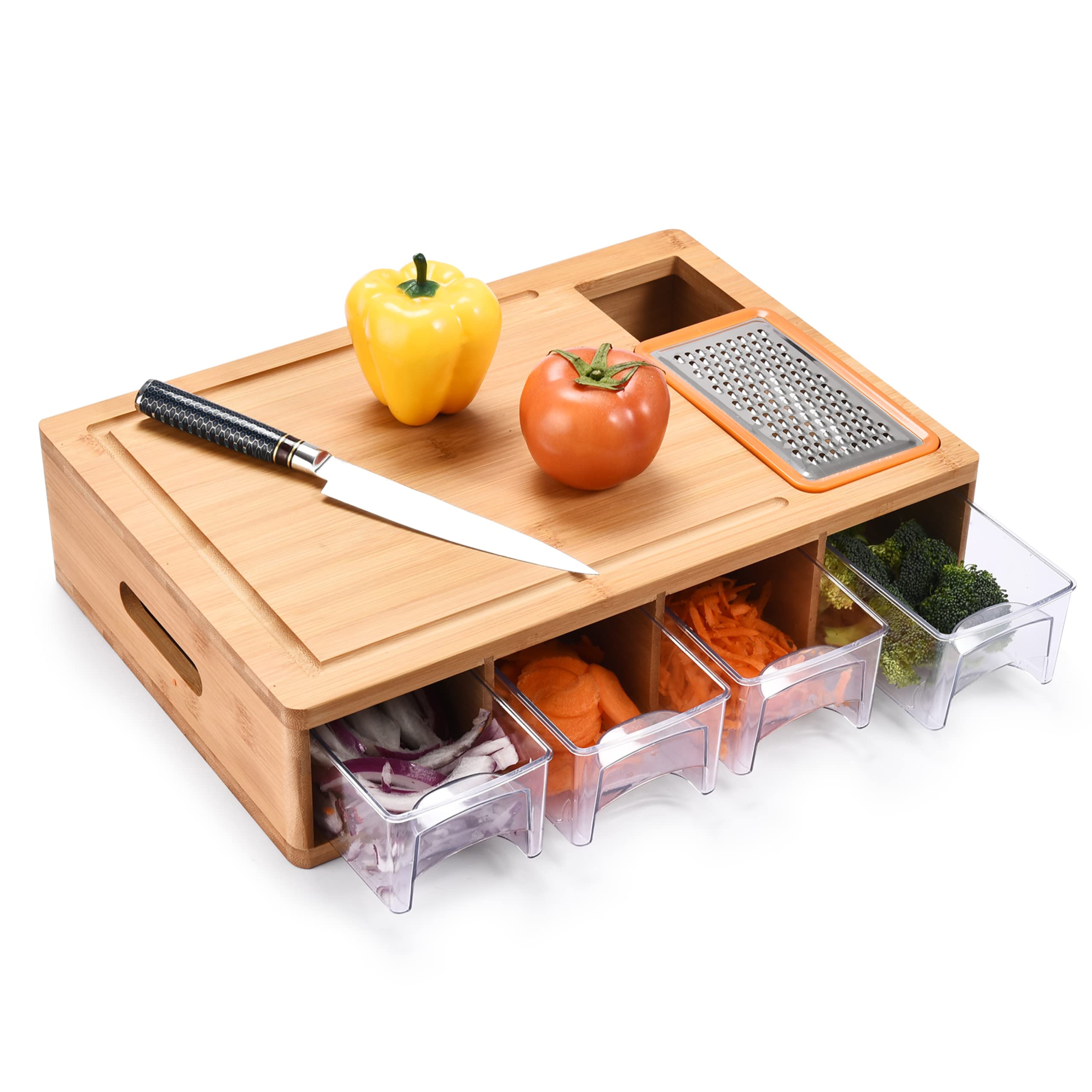 Prosumers Choice Bamboo Cutting Board - Wooden Like Chopping Board with Food Container Organizer, Cheese Shredder, & Juice Groove - for Veggie, Cheese, & Meat - Kitchen Fit Size of 15 x 10 x 3 inches