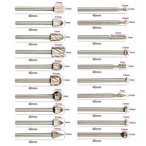 Tungsten Carbide HSS Rotary Burr Set - APlus 20pcs Wood Carving Drill Bits Set with 3mm 1/8 inch Shank for DIY Woodworking, Carving, Engraving, Drilling