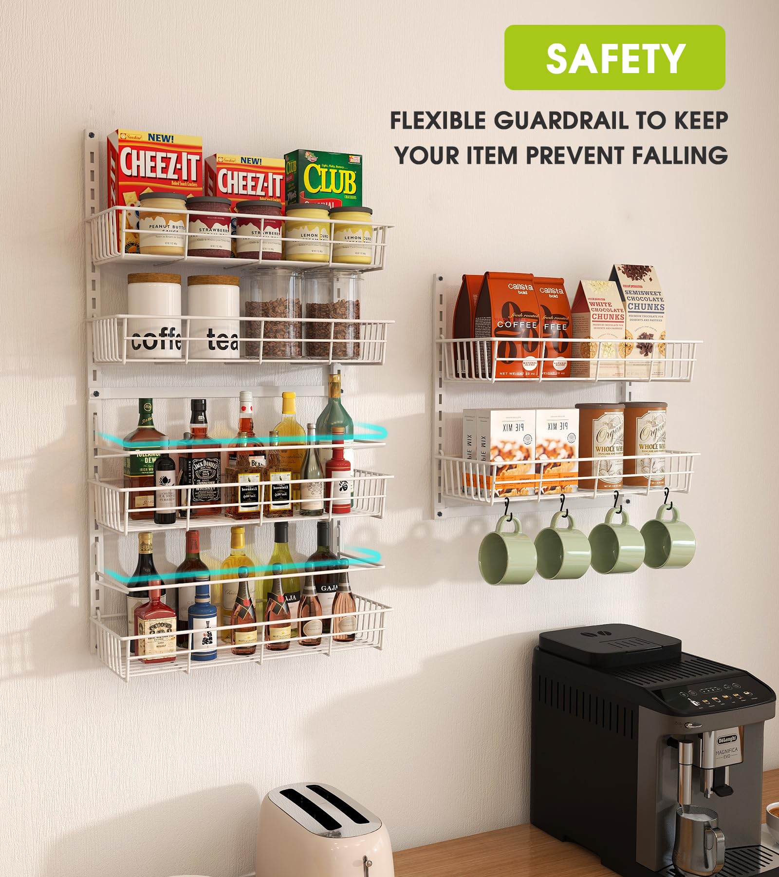 Mefirt Over The Door Pantry Organizer, Wall Mount Spice Rack, Pantry Hanging Storage and Organization, 6 Adjustable Baskets Heavy-Duty Metal for Home & Kitchen, Back of Door Seasoning Rack - White
