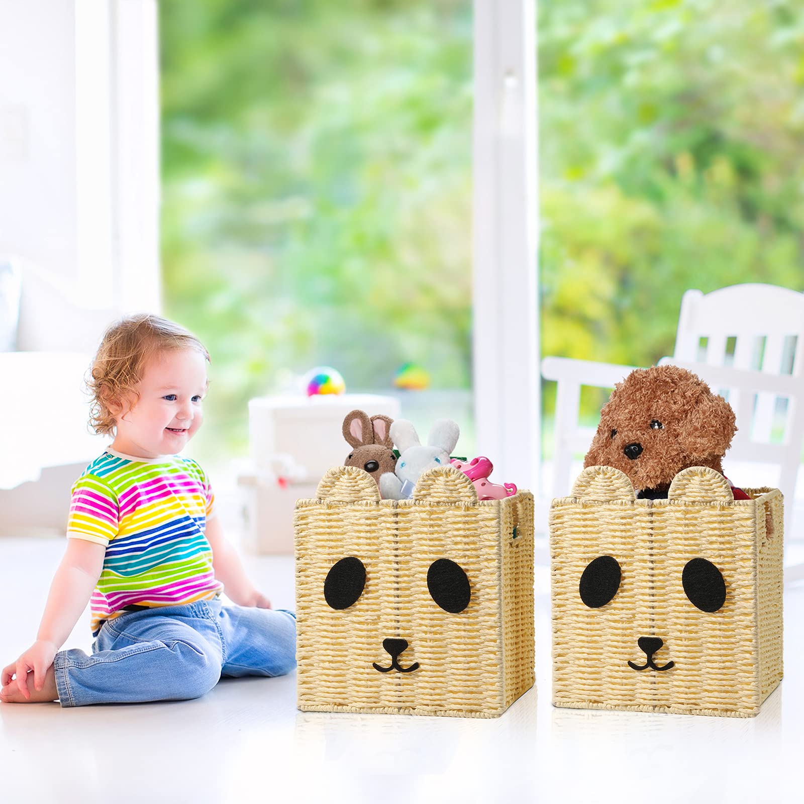 Vagusicc Toy Basket, Collapsible Wicker Storage Baskets with Handles, Baskets for Gifts Empty, Kids Room Shelf Organizing & Decor, 9'' x 9'' x 9'', Set of 2, Beige