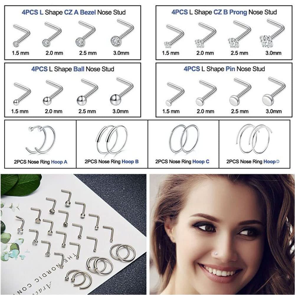 Piercingpops 24Pcs Surgical Stainless Steel Mixed Nose Stud Nose Ring Hoop Cartilage Earrings Nose Piercing Body Jewelry for Women Men Set (A:24PCS - Silver(Nose Screws Style))